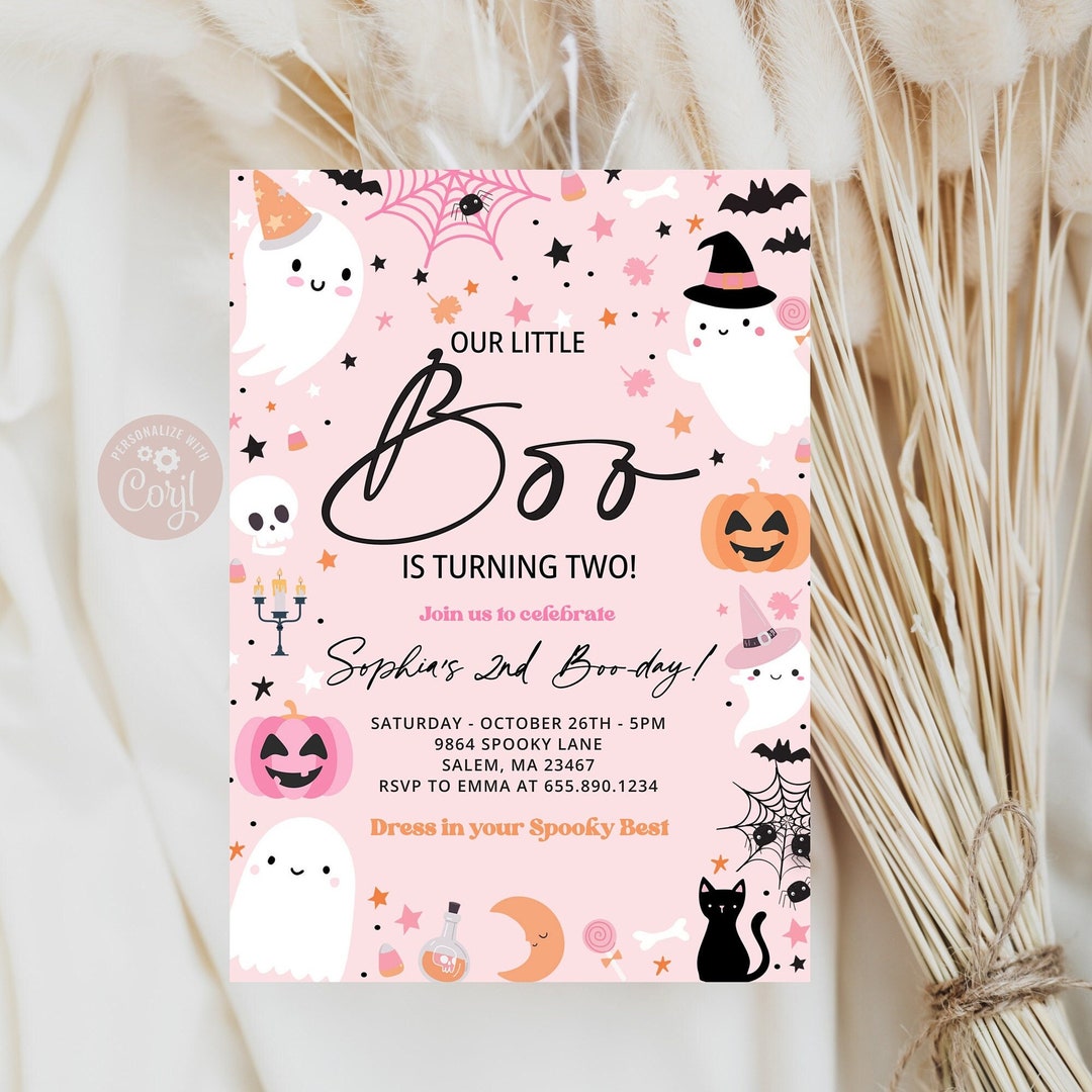 Editable Little Boo Halloween Birthday Ghost Invitation Pink Halloween ...