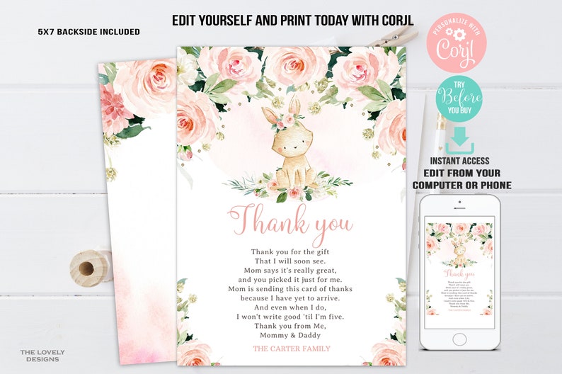 Editable Bunny Thank You Card Bunny Baby Shower Card Easter Bunny ...