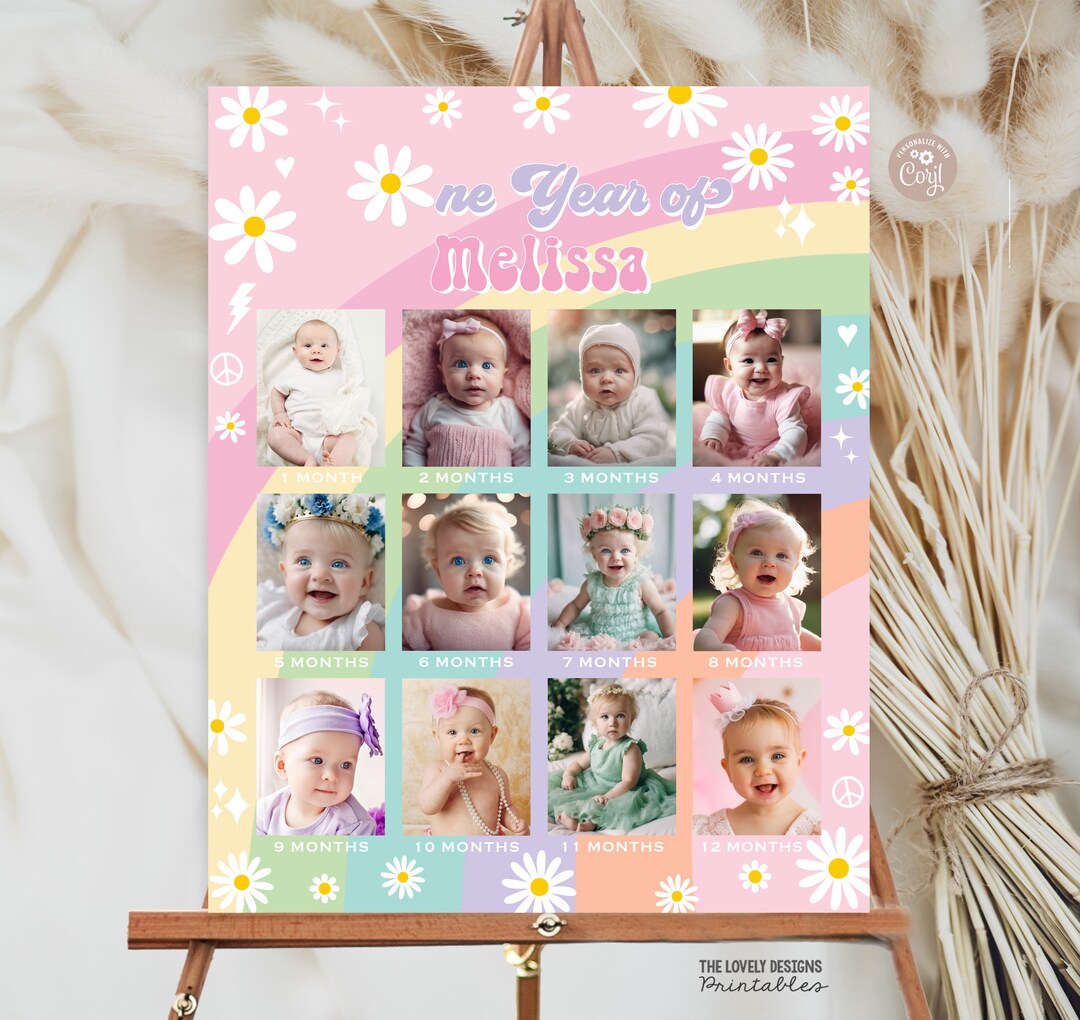 Editable Groovy First Year Photo Collage Milestone Poster 12 Month ...