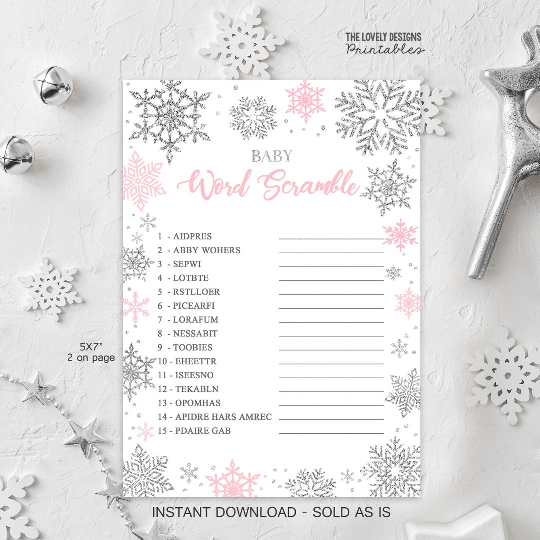 Winter Word Scramble Game Winter Baby Shower Games Snowflakes Pink and ...
