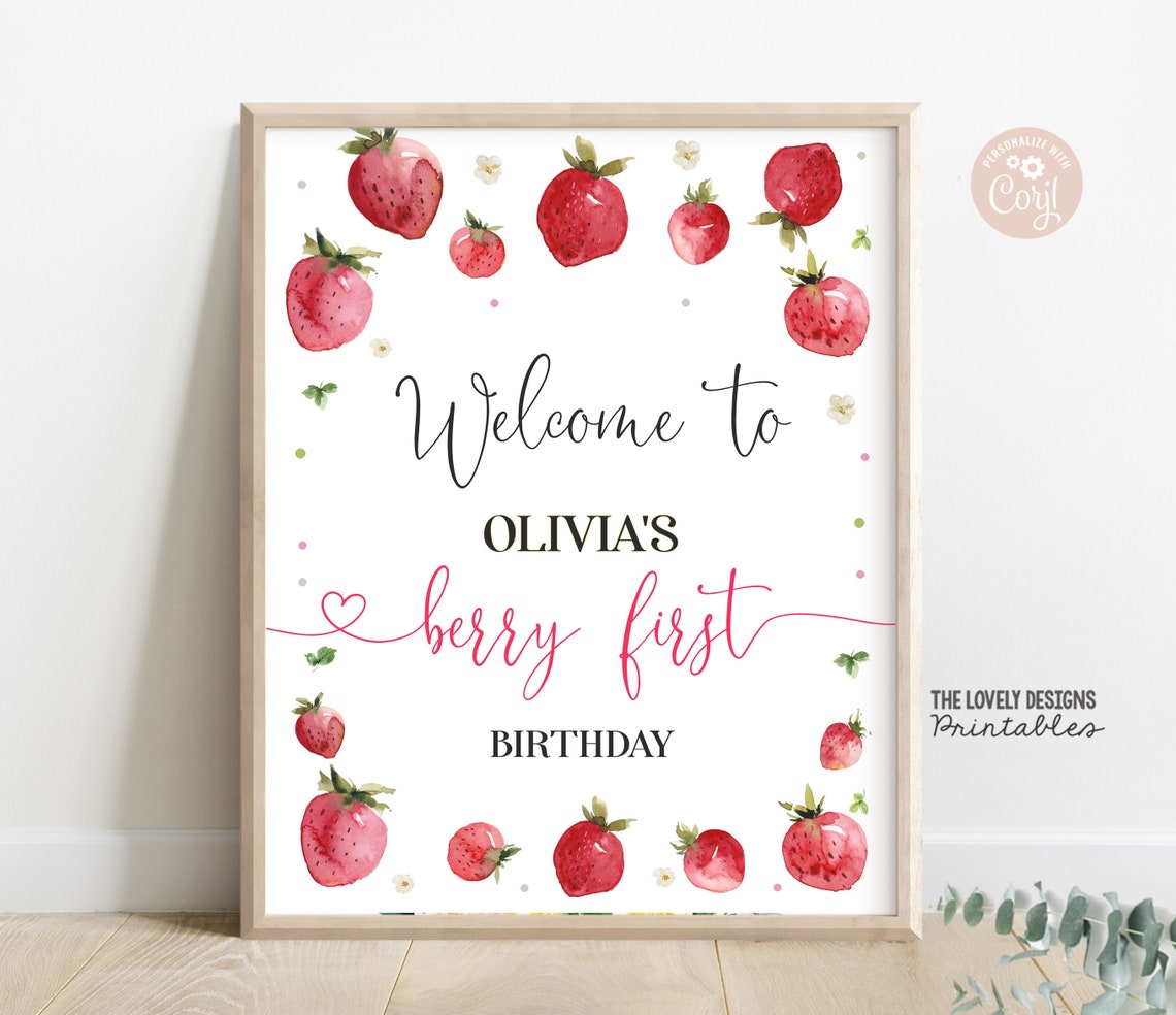 EDITABLE Strawberry Welcome Sign Sweet Strawberry Birthday - Etsy