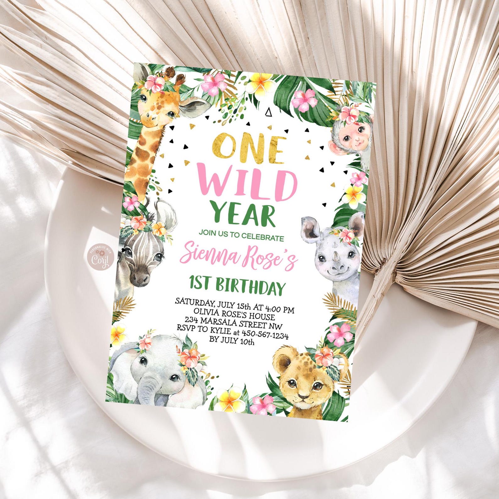 Editable ONE Wild Year Birthday Photo Invitation ONE Wild Year Jungle ...