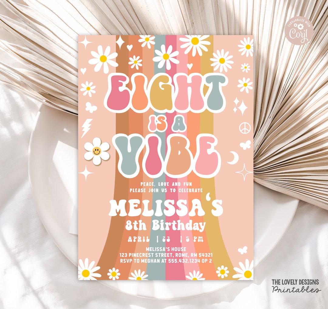 EDITABLE Groovy 8th Birthday Retro 70's Invitation Eight is a Vibe ...