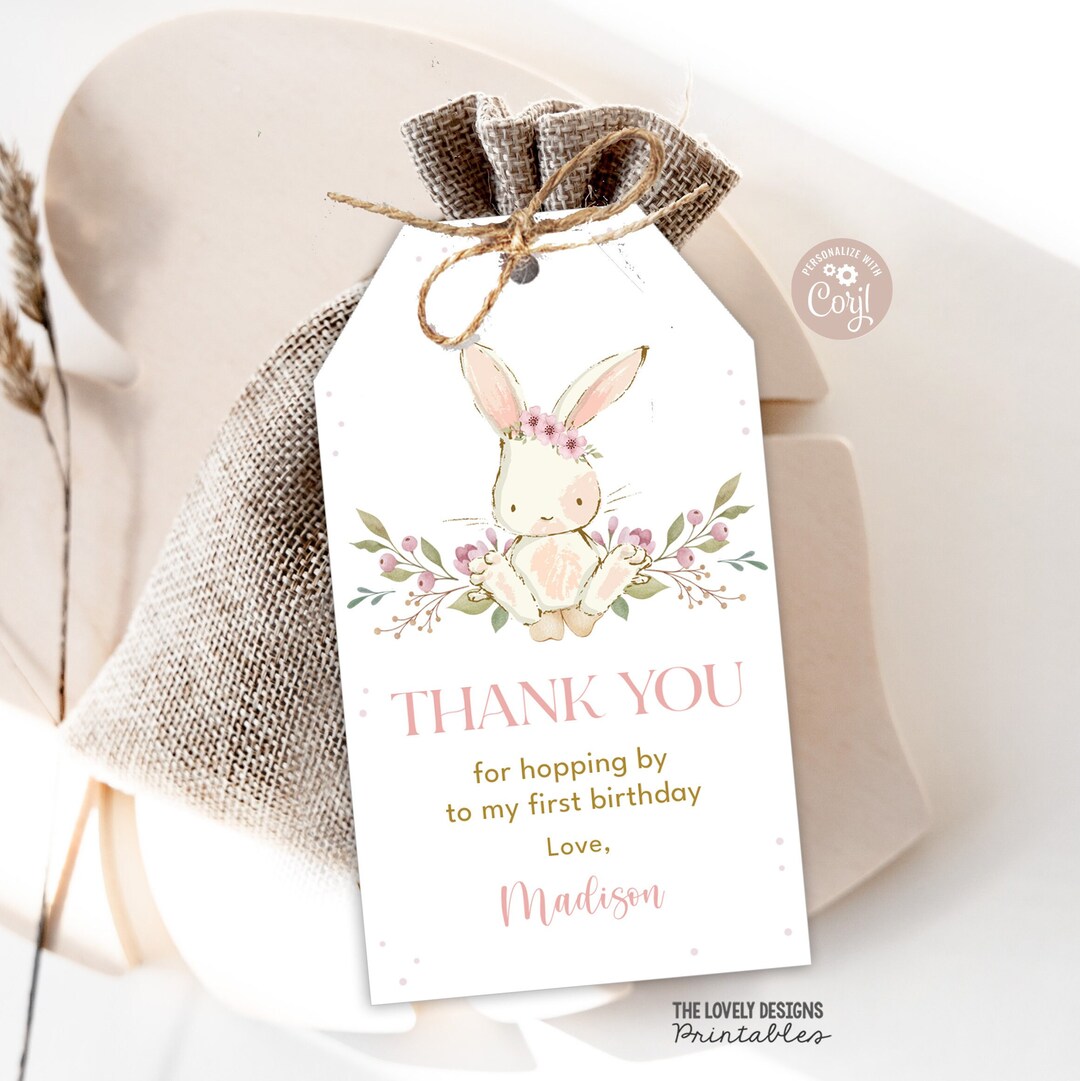 Editable Bunny Favor Tag Bunny Birthday Tag Pink Floral Spring Rabbit ...