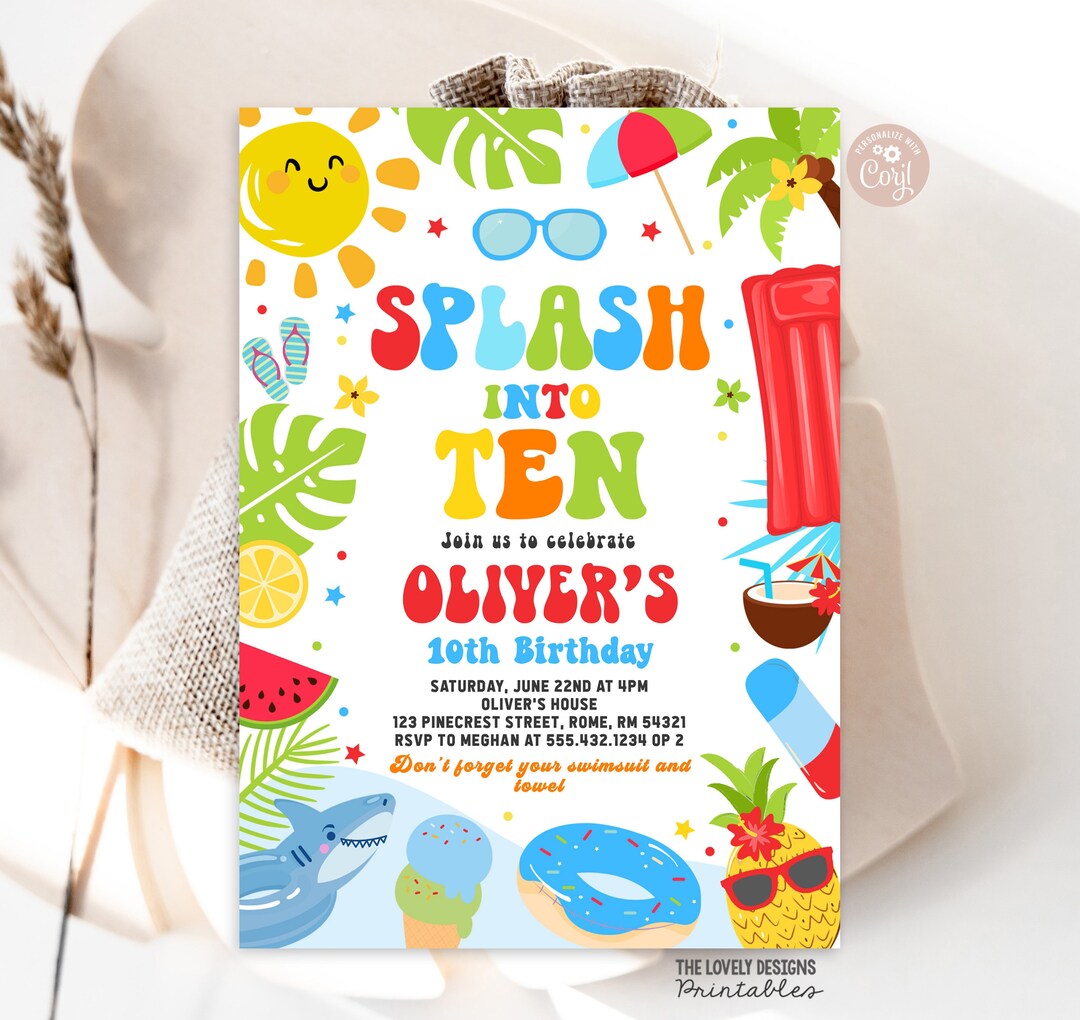 Splash Into Ten 10th Birthday Pool Party Editable Invitation Summer ...
