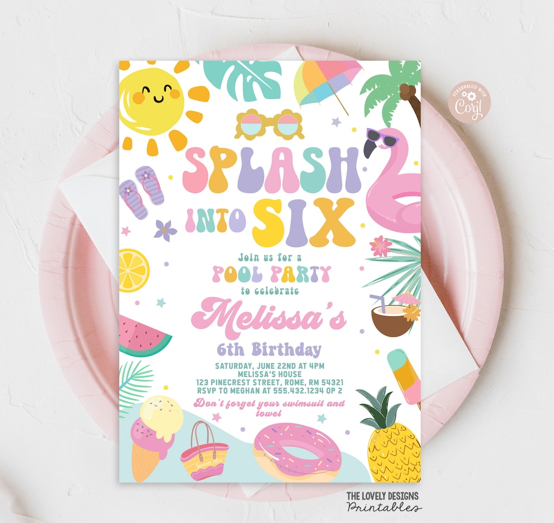 Editable Splash Into Six 6th Birthday Pool Party Invitation Splish ...