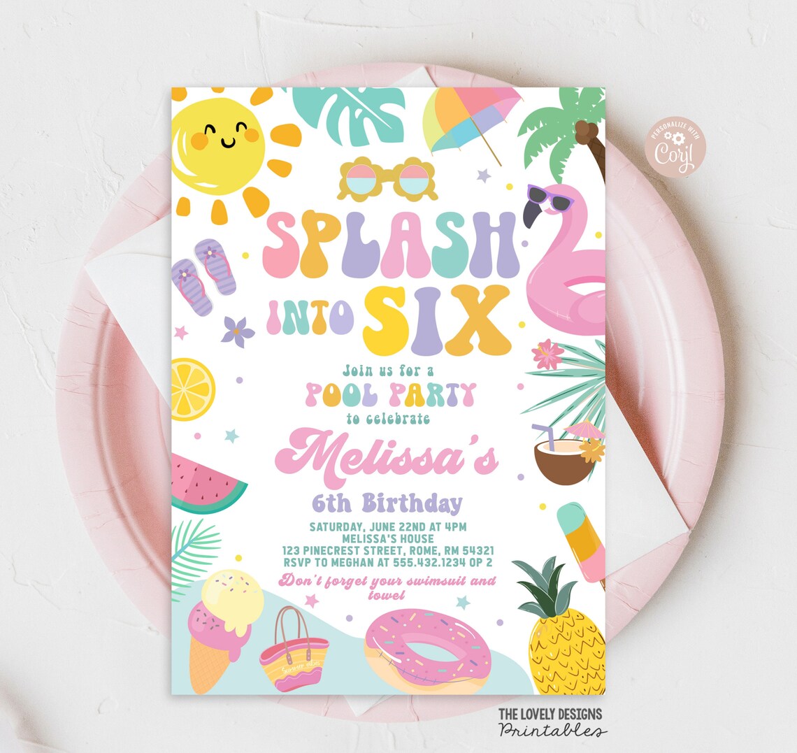 Editable Splash Into Six 6th Birthday Pool Party Invitation Splish ...