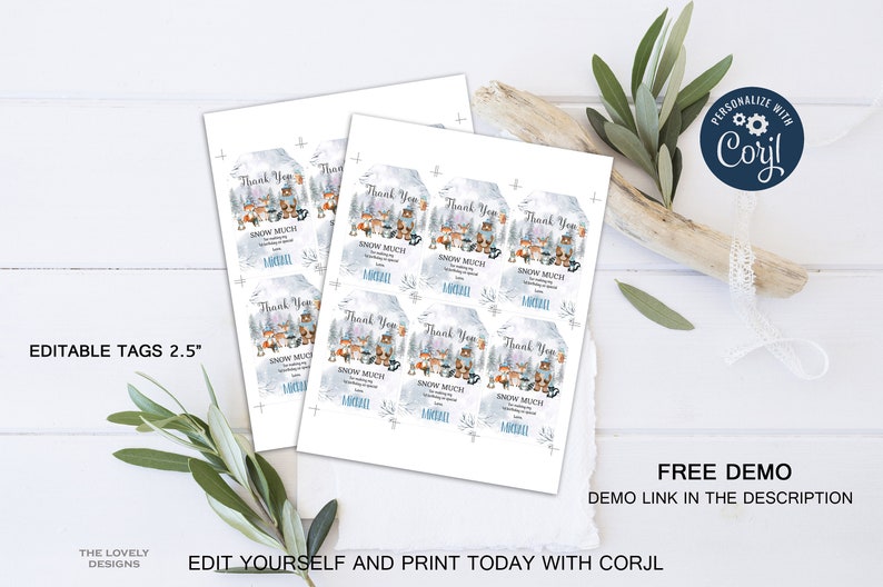 Editable Woodland Winter Favor Tags Woodland Birthday Gift Tags Blue ...