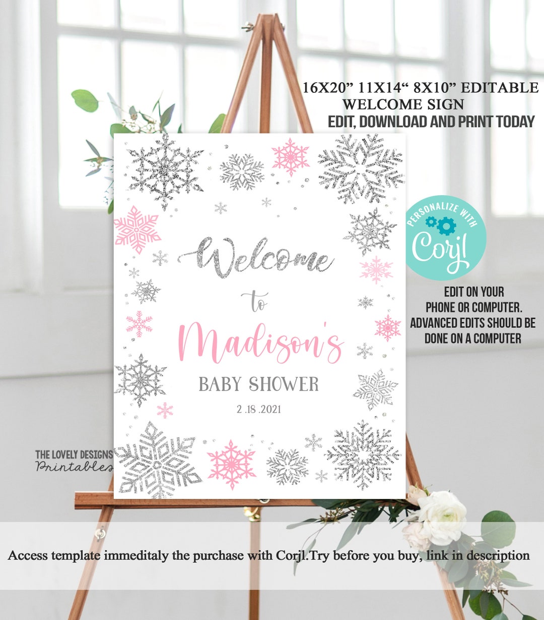 Editable Winter Baby Shower Welcome Sign Winter Snowflakes Hot Pink and ...
