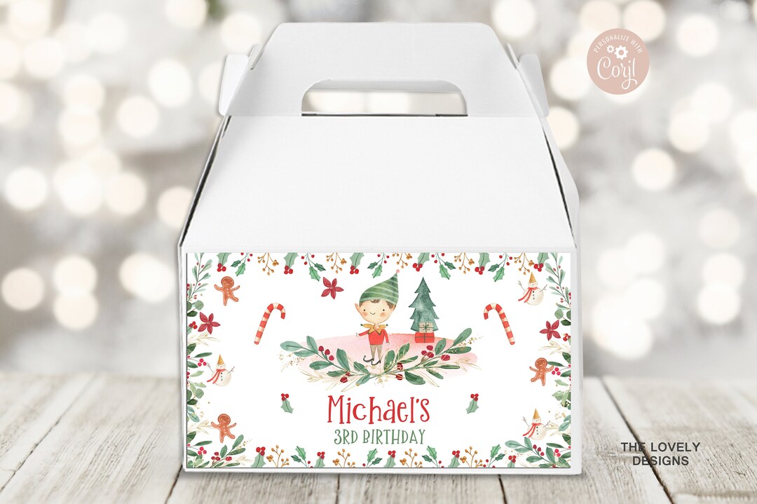 EDITABLE Elf Gable Box Label Christmas Winter Elf Boy Birthday Party ...