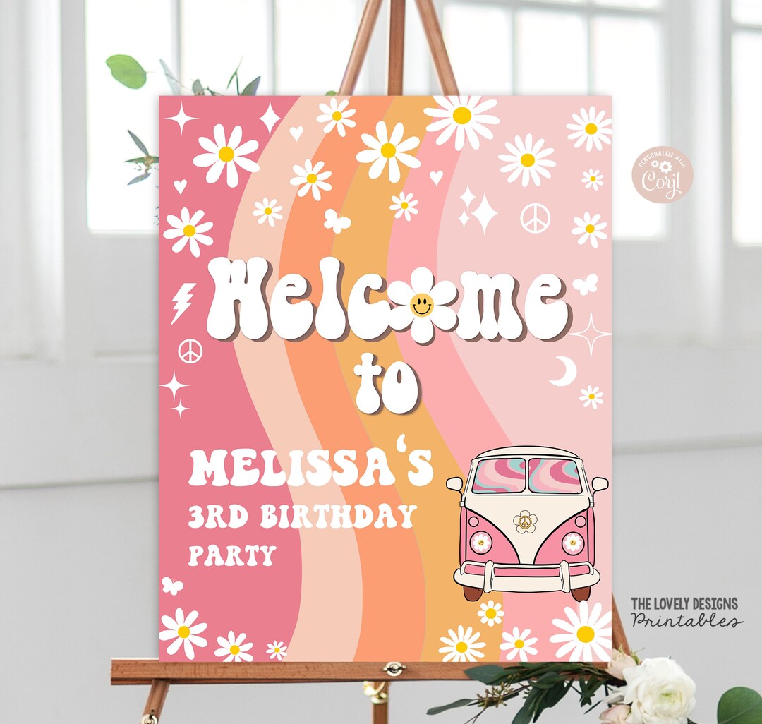 EDITABLE Groovy Welcome Sign Groovy Birthday Rainbow Van Hot - Etsy