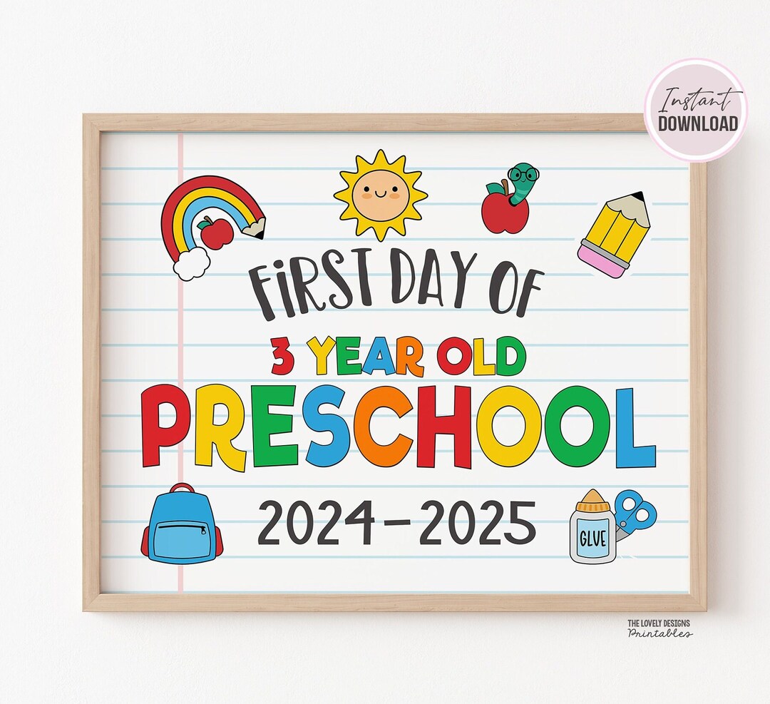 First Day of 3 Year Old Preschool Sign INSTANT DOWNLOAD Photo Prop ...