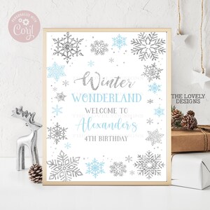 Editable Winter Wonderland Welcome Sign Snowflakes Blue and Silver ...