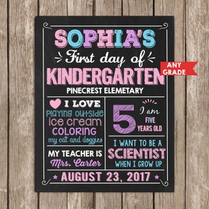 Girl First Day of School Chalkboard, ANY GRADE , Pink and Purple, Back ...