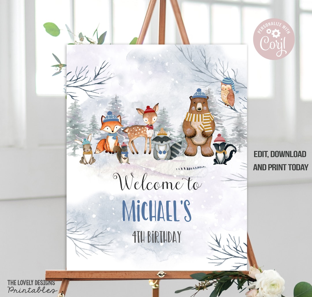 Editable Woodland Winter Welcome Sign Woodland Birthday Party Poster ...