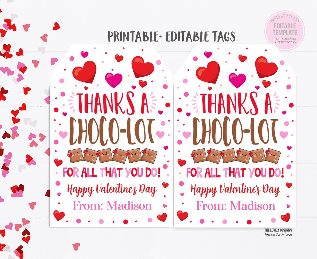 Valentines Day Chocolate Tag Valentine Thanks a Choco-lot Label Teacher ...