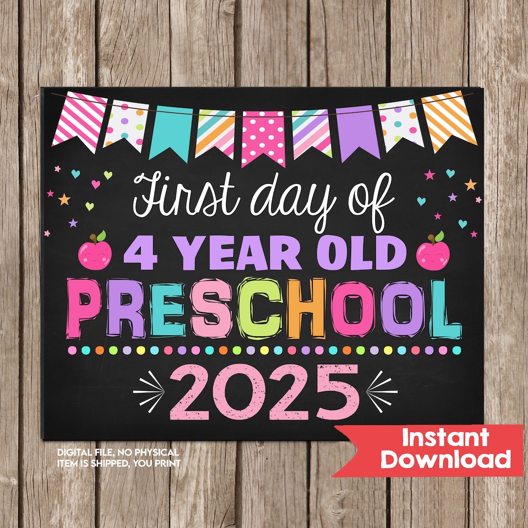 Girl First Day of 4 Year Old Preschool Sign INSTANT DOWNLOAD Photo Prop ...
