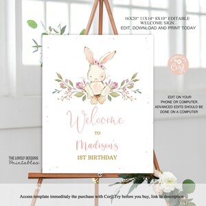 EDITABLE Bunny Welcome Sign Bunny Pink Floral Spring Rabbit - Etsy