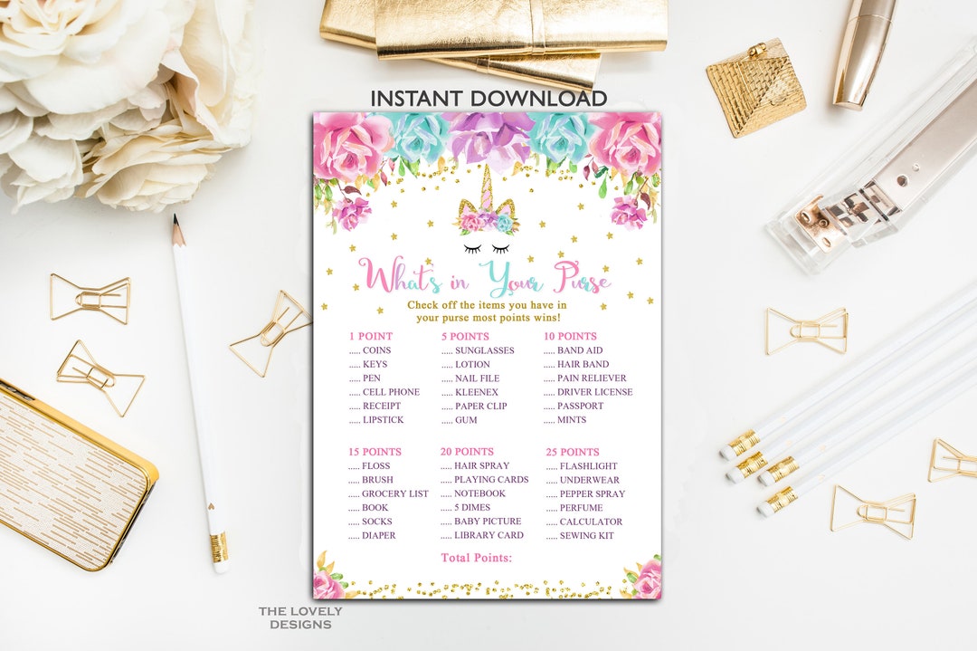 Unicorn What's in Your Purse Game, Unicorn Baby Shower, Rainbow Baby ...