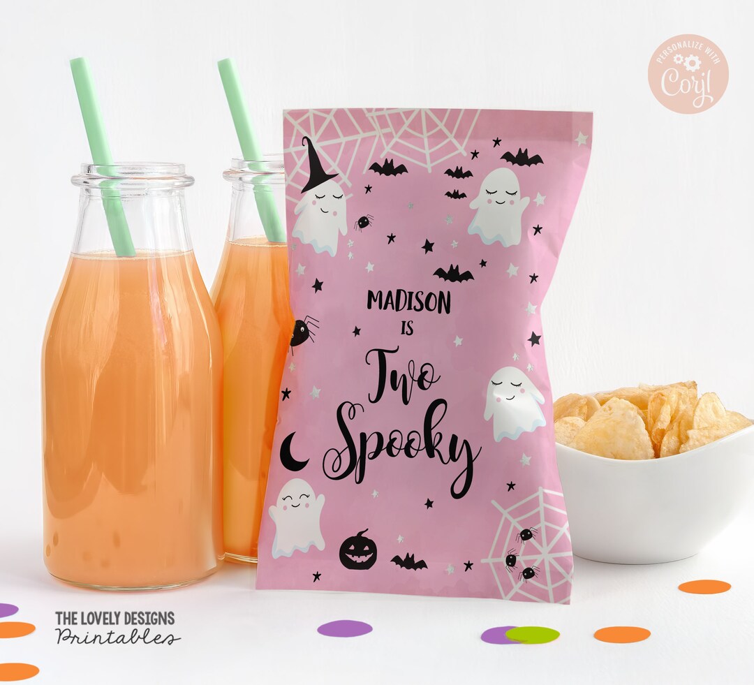 Editable Halloween Chip Bag Wrapper Pink Ghost Two Spooky Favor Bags ...