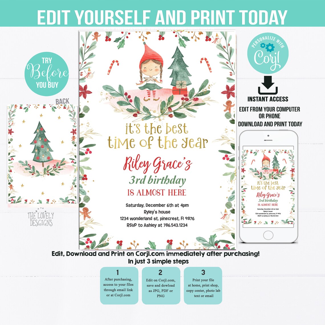 EDITABLE Elf Birthday Invitation Christmas Elf Birthday Girl | Etsy