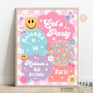 EDITABLE Welcome Sign Checkered Smile Face Sign Retro Groovy Birthday ...
