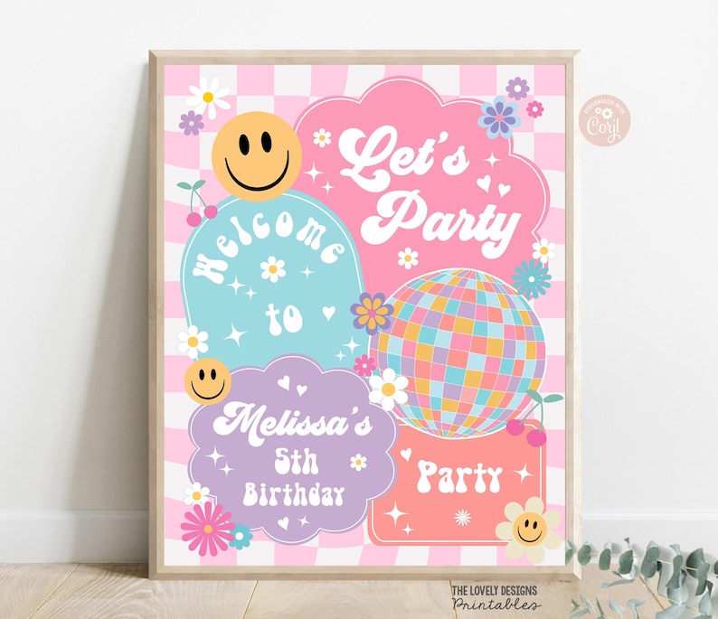 EDITABLE Welcome Sign Checkered Smile Face Sign Retro Groovy Birthday ...