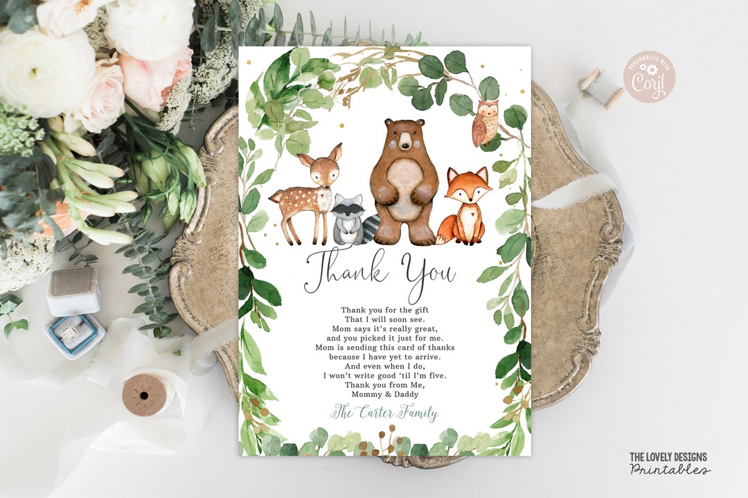 EDITABLE Woodland Thank You Card Woodland Baby Shower Cards Theme ...