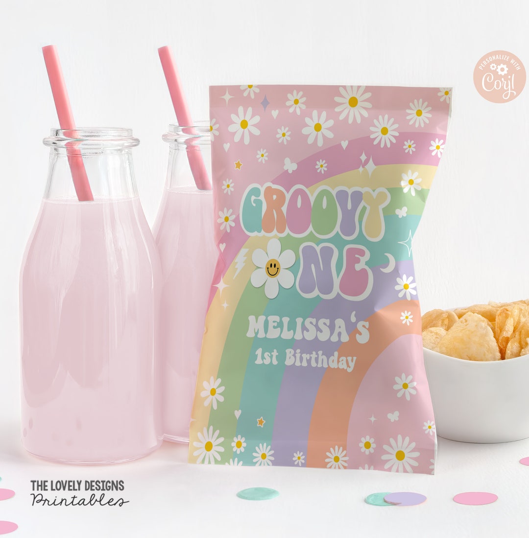 EDITABLE Groovy One Chip Bag Wrapper Daisy Groovy Birthday Rainbow Pink ...