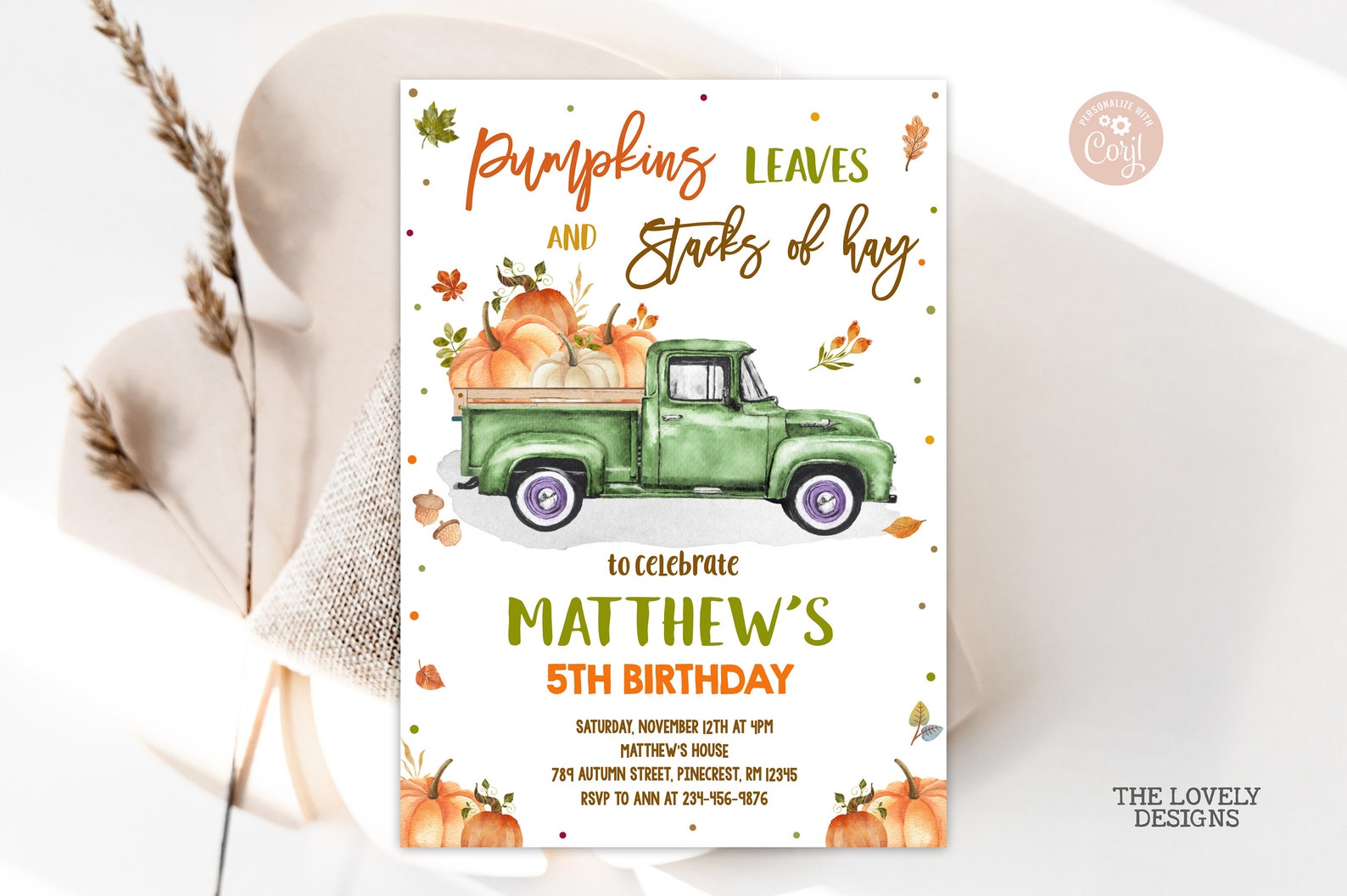 EDITABLE Pumpkin Green Truck Birthday Invitation Pumpkin Patch ...