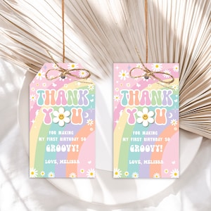 EDITABLE Groovy Birthday Gift Tag Two Groovy One Birthday Rainbow Daisy ...