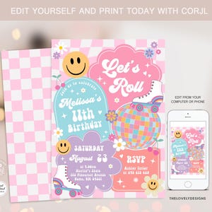 Editable Let's Roll Invitation Smile Face Groovy Retro Roller Skating ...
