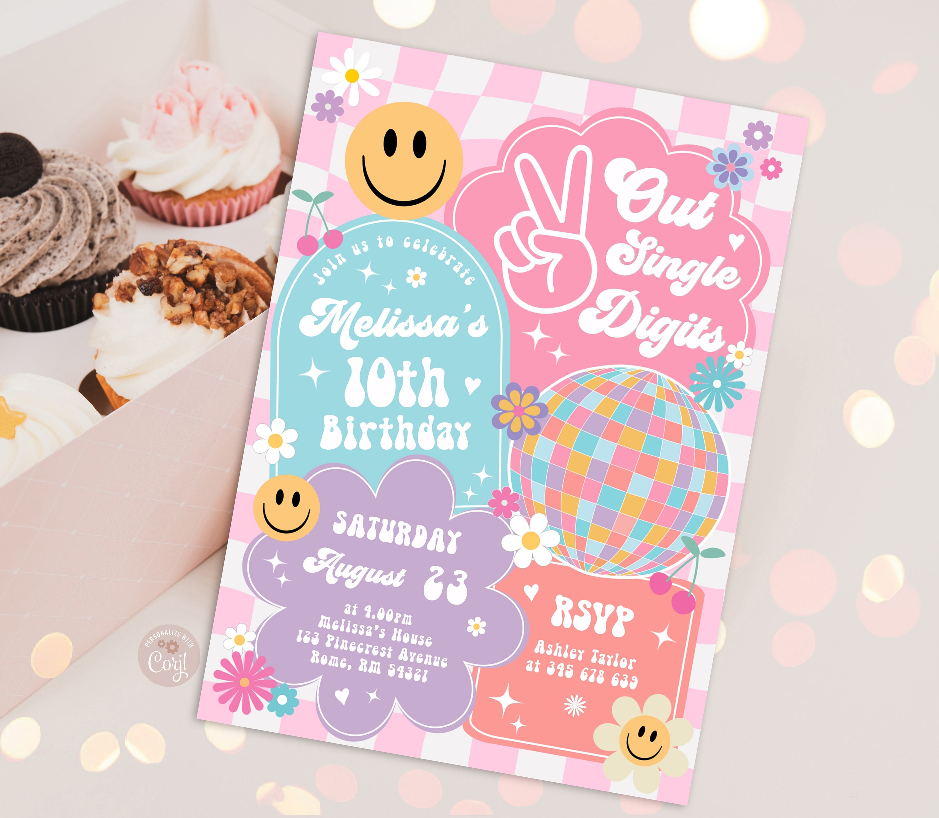 Editable Peace Out Single Digits Checkered Smile Face Invitation Retro ...