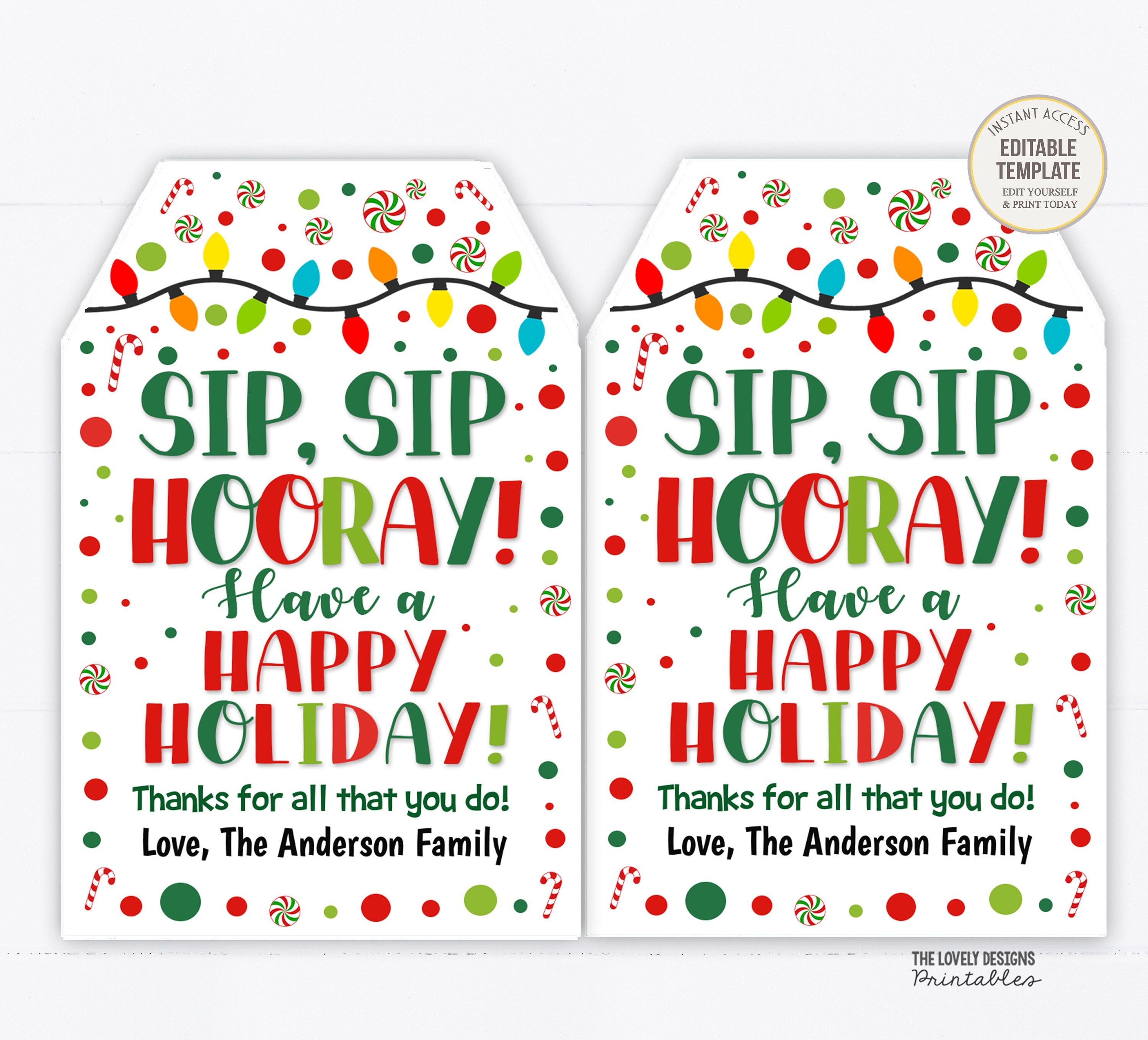 Christmas Soda Gift Tags Sip Sip Hooray Have a Happy Holiday Thank You ...
