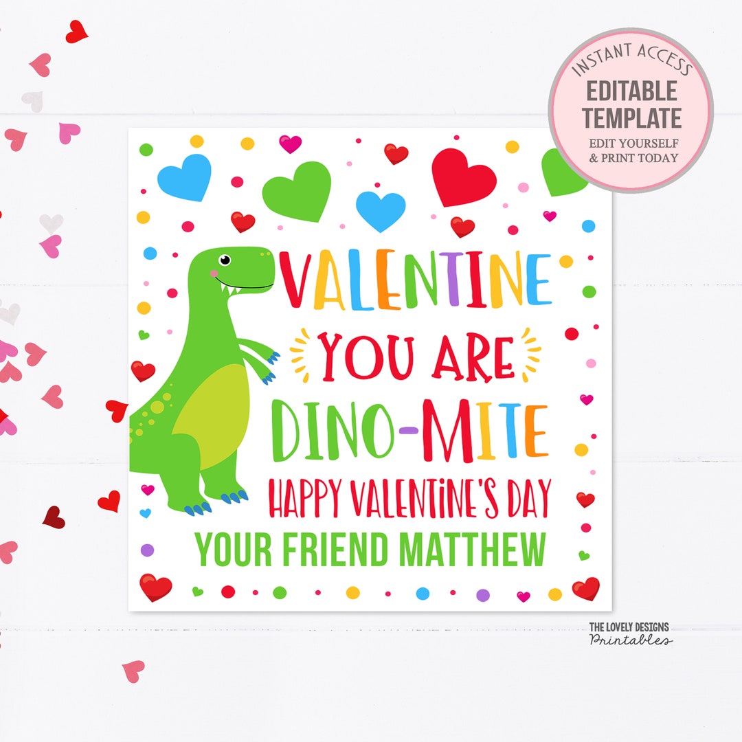 Dinosaur Valentine's Day Tag, Dino-mite Valentine, Dinosau Printable ...