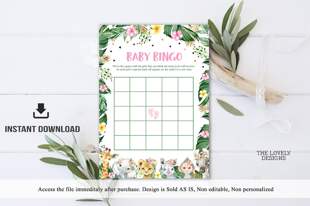 Jungle Baby Bingo Game Safari Girl Baby Shower Jungle Girl Baby Shower ...