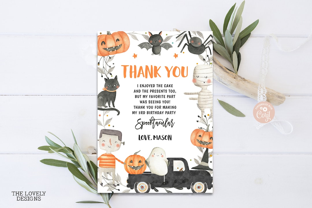 EDITABLE Halloween Thank You Card Halloween Birthday Cards Pumpkin Cute ...