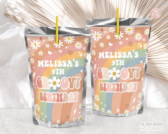 EDITABLE Two Groovy Juice Labels Rainbow Peace Love Party Juice Pouch ...
