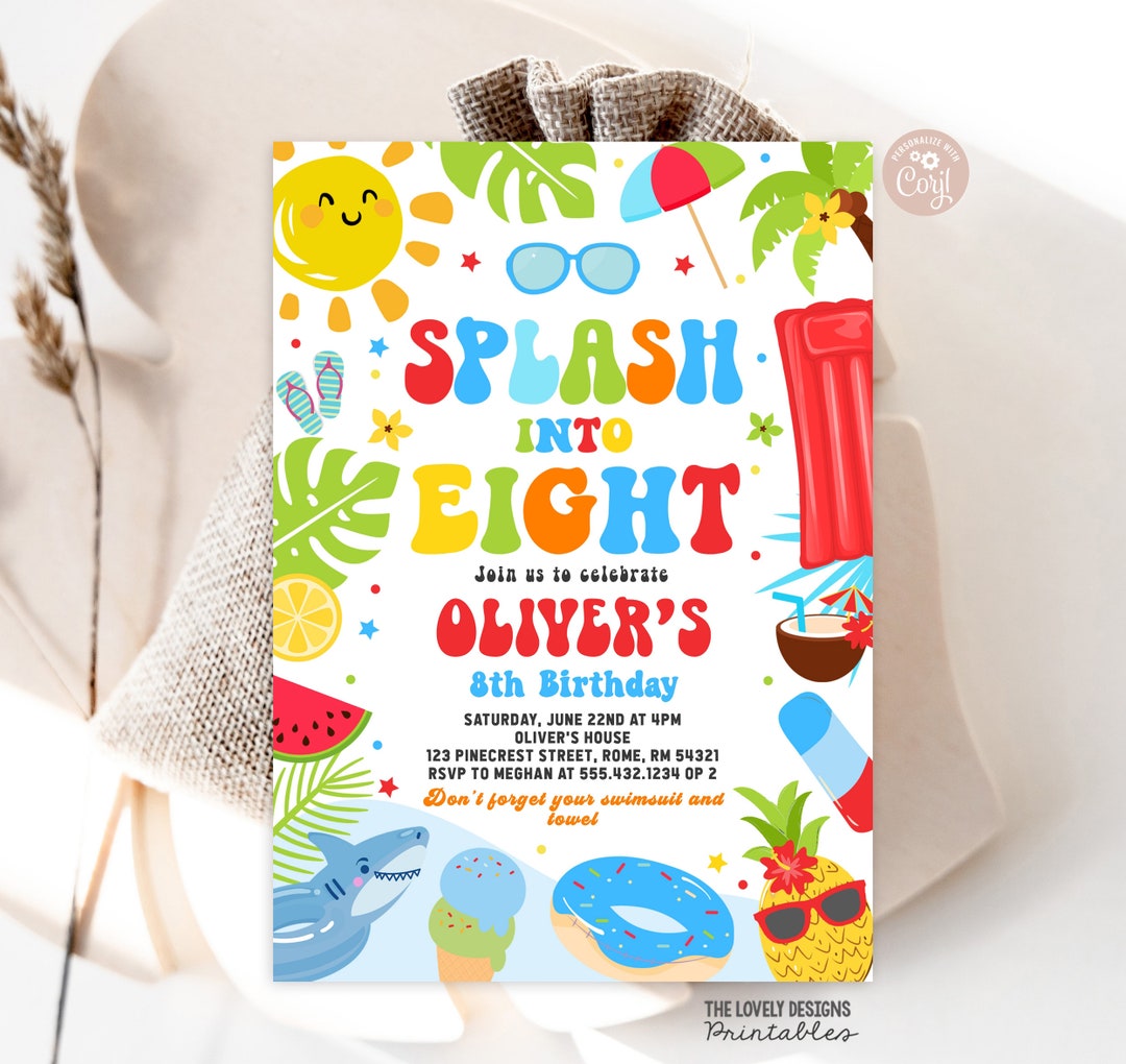 Splash Into Eight 8th Birthday Pool Party Editable Invitation Summer ...