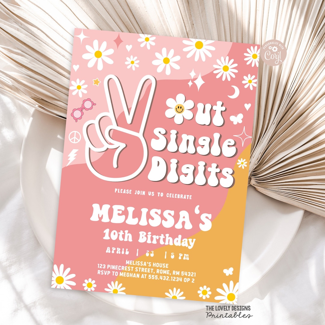 Peace Out Single Digits Invitation Editable Groovy 10th Birthday ...
