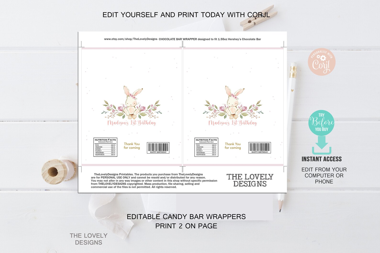 EDITABLE Bunny Candy Bar Wrappers Bunny Birthday Easter Bunny Pink ...