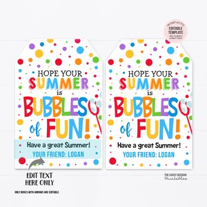Summer Bubbles of Fun Tags End of School Tag Bubble Favor Tag Classmate ...