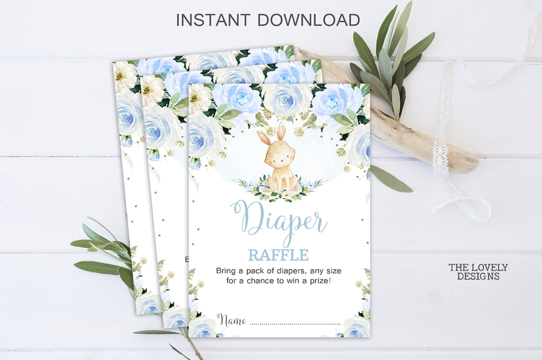 Boy Bunny Diaper Raffle Tickets Bunny Baby Shower Tag Floral Blue Bunny ...