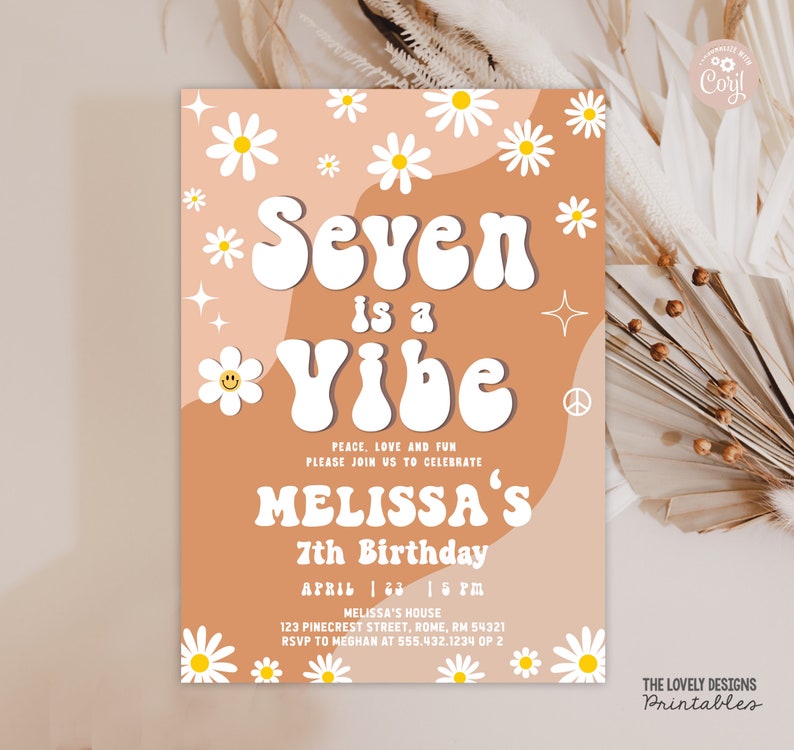 EDITABLE Groovy 7th Birthday Invitation Seven is a Vibe Daisy - Etsy