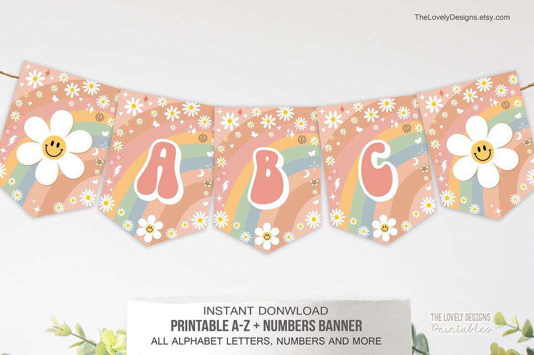 Groovy Banner A-Z Alphabet Numbers Daisy Rainbow Bunting Banner Retro ...