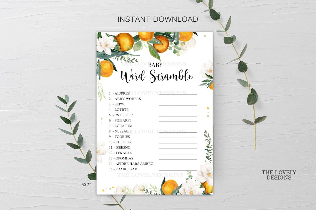 Orange Baby Word Scramble Game Little Cutie Baby Shower Game Orange ...