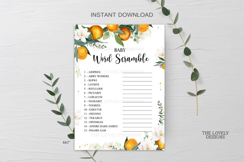 Orange Baby Word Scramble Game Little Cutie Baby Shower Game Orange ...