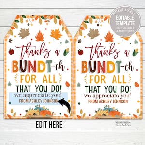 Fall Bundt Cake Gift Tag Thanks a Bundtch for All You Do School PTO ...