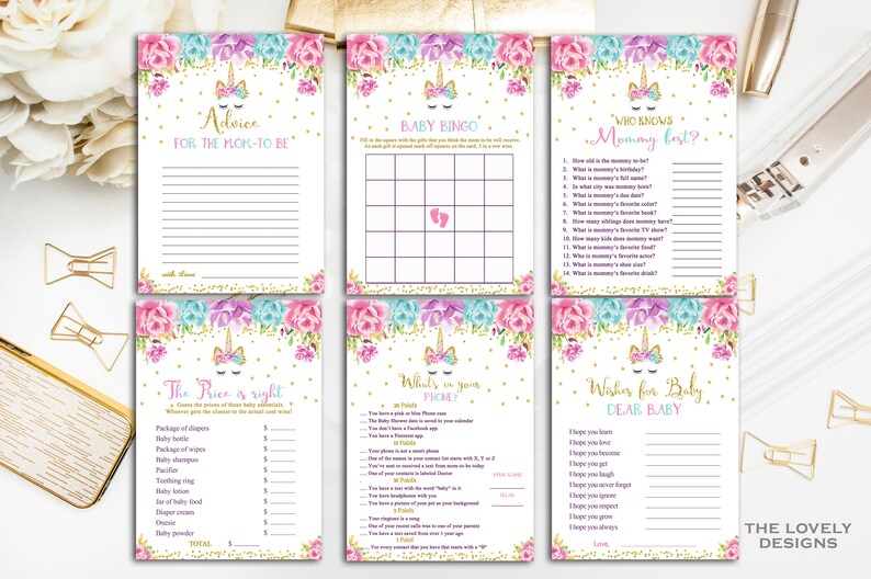 Unicorn Baby Shower Games Package, Unicorn Games Printable, Floral Baby ...