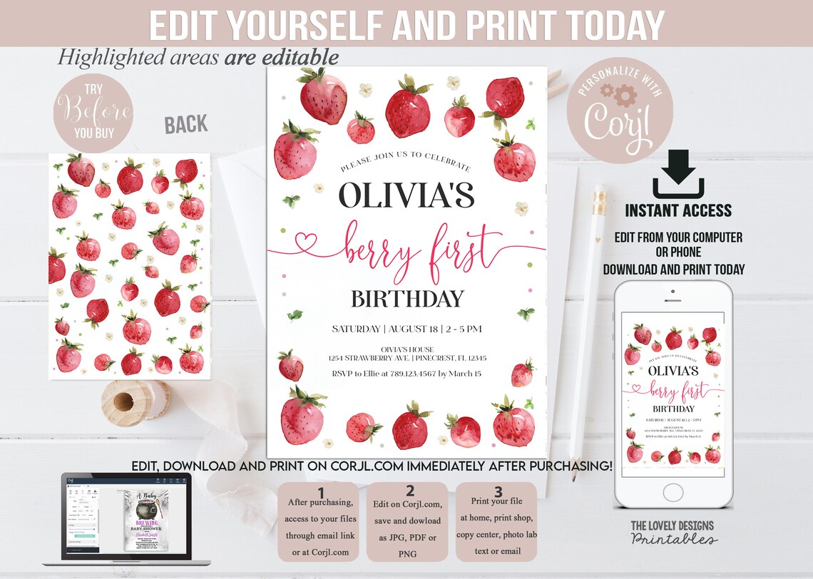 Editable Strawberry Invitation Strawberry Invitation Summer Pool Party ...